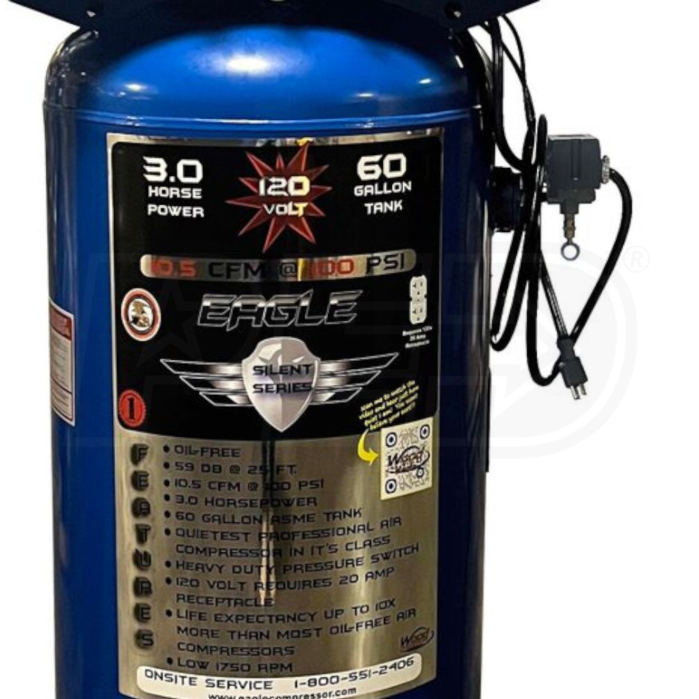 Eagle EA-10000 Silent Series 3-HP 60-Gallon Oil-Free Single-Stage Air Compressor 120V