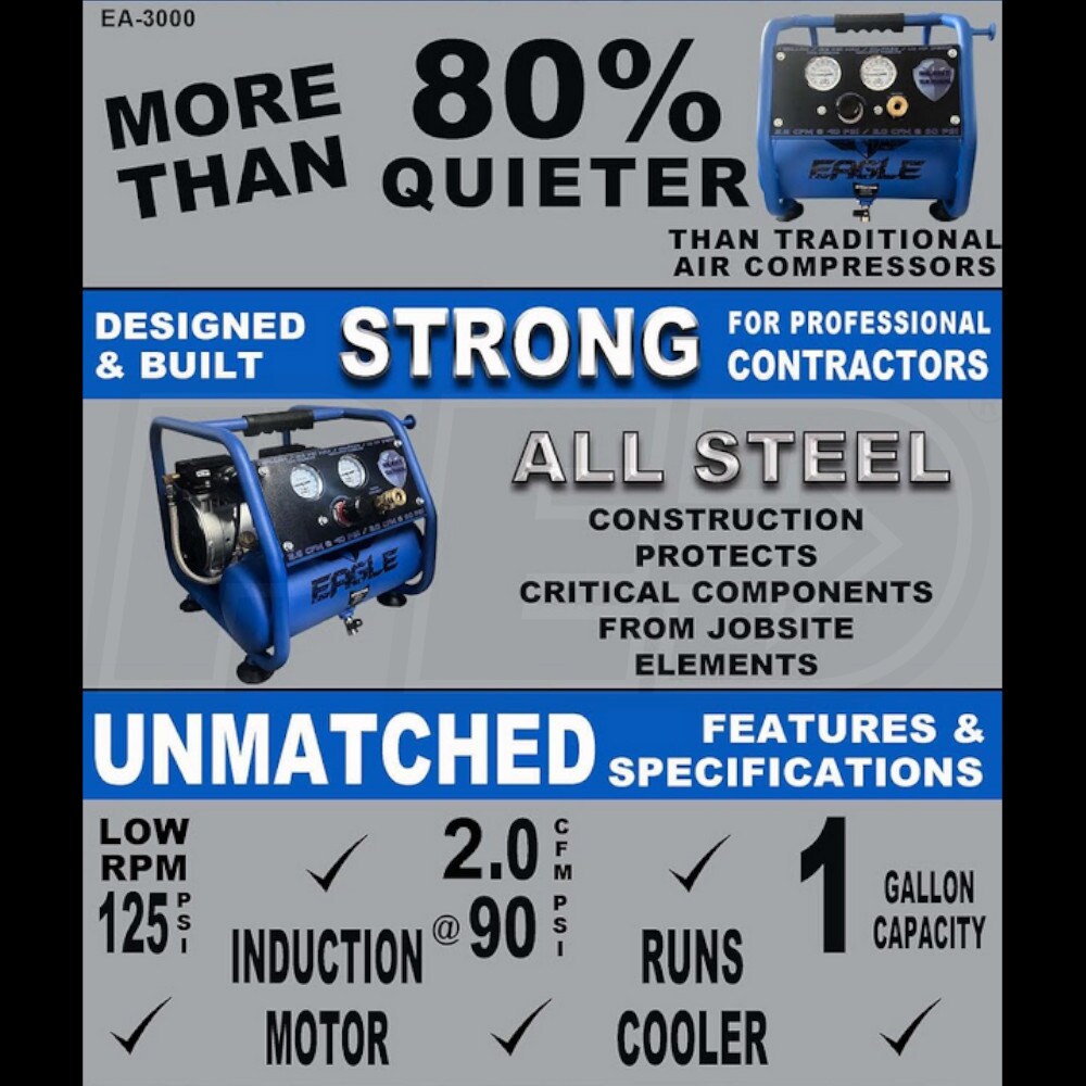 Eagle EA-3000 Silent Series 1-HP 1-Gallon Hot Dog Air Compressor