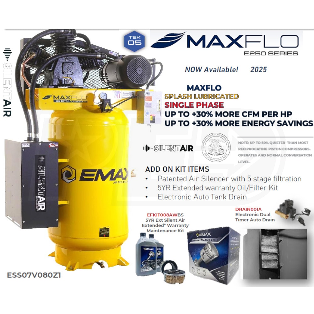EMAX ESS07V080Z1 Industrial Silent Air 7.5HP 80-Gallon Two-Stage Air ...